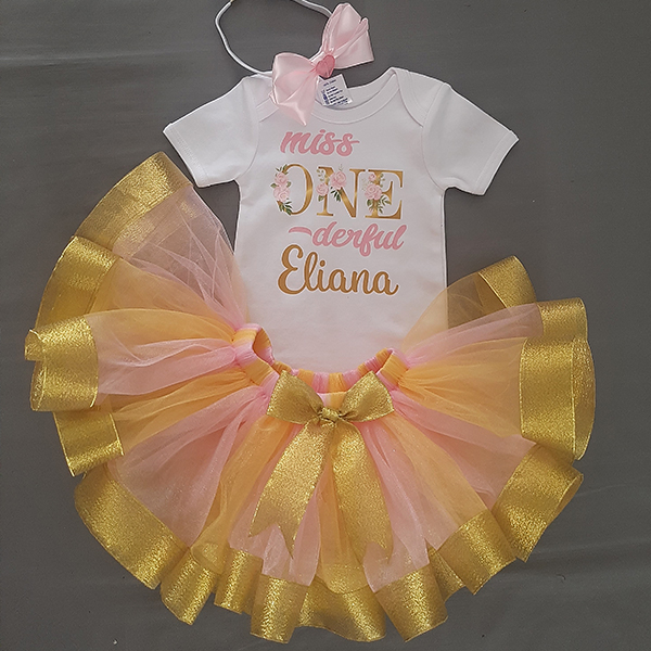 Miss ONE derful pink and gold tutu with matching top | Kaymos Range